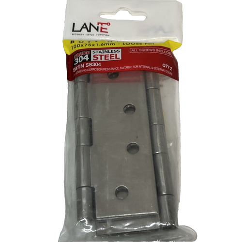 Lane Butt Hinges 100 x 75 x 1.6 mm Satin Stainless 4 Packs - Loose Pin ...