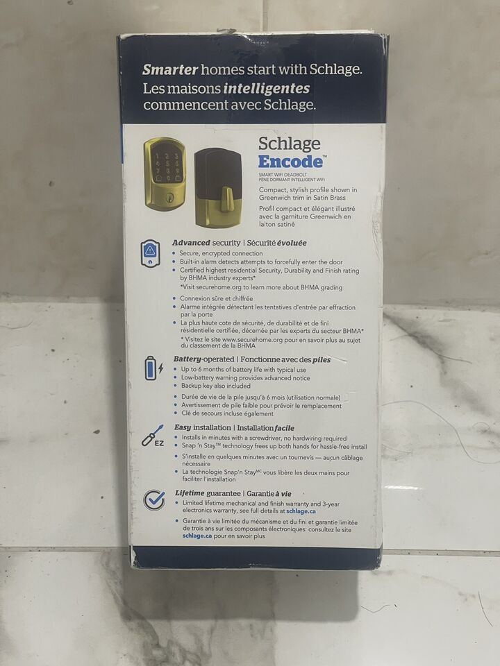 SCHLAGE ENCODE SMART WIFI DEADBOLT Greenwich Trim Satin Brass ...