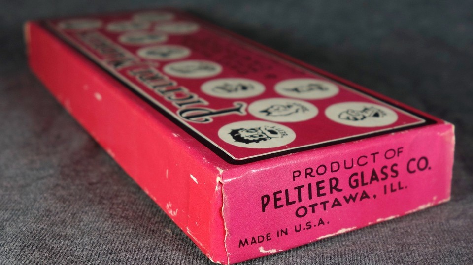 PELTIER GLASS REPRODUCTION COMIC BOX w/ ANTIQUE COMIC MARBLES | eBay