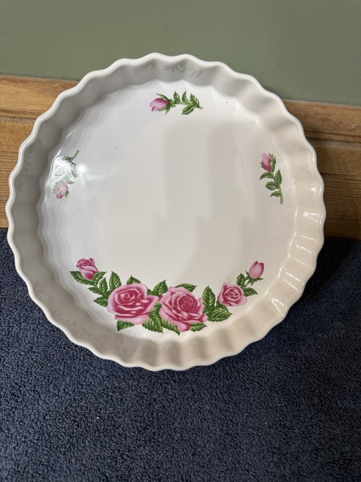 WHITE ROSE FLOWER SCALLOPED CHRISTINE HOLM QUICHE TART PIE DISHWASHER ...