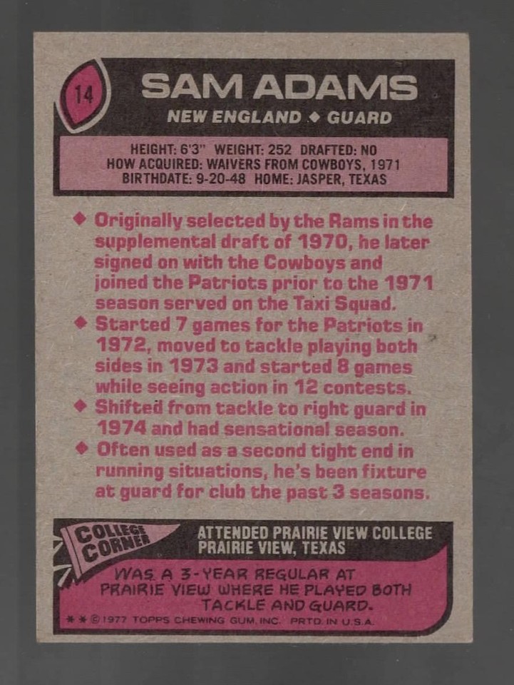 1977 Topps Sam Adams New England Patriots #14 Excellent | eBay
