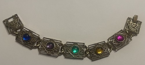 Vintage Art Deco Revival Bracelet Multicolor Cabochon Rainbow Costume ...