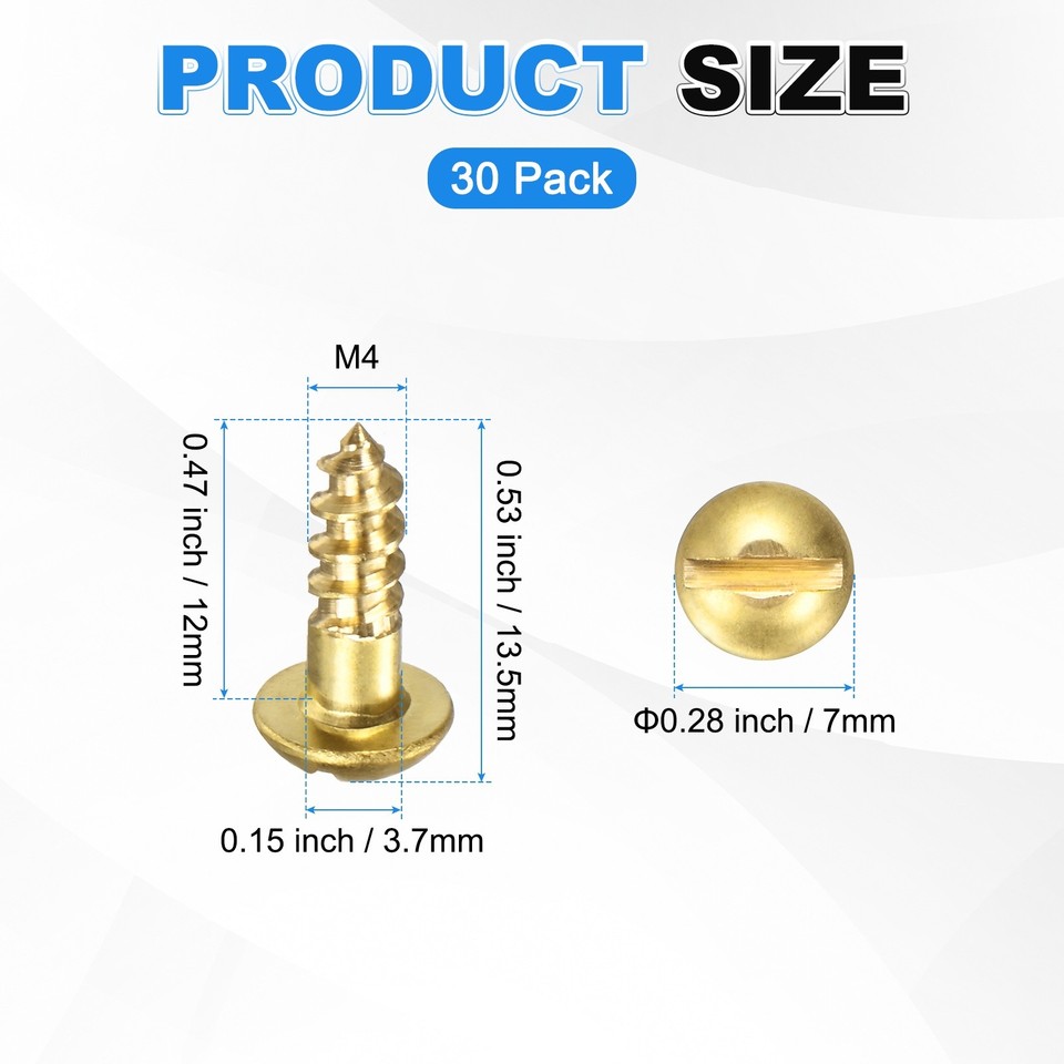 Brass Round Screws (M4 x 12mm, Brass) 30 Pcs - Slotted Round Head Self ...