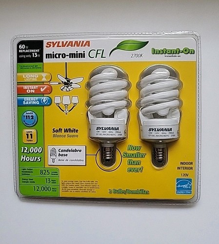 New Sylvania Micro-Mini CFL Bulbs Candelabra Base 13W Soft White 46135269554| eBay
