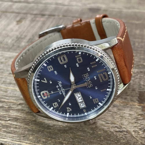 Hugo Boss Pilot Edition 5 ATM Blue Dial brown leather strap | eBay