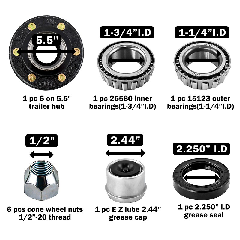 4pcs Trailer Hub Convert Mobile Home with Bearings 6000# 6 Lug 6x5.5 ...