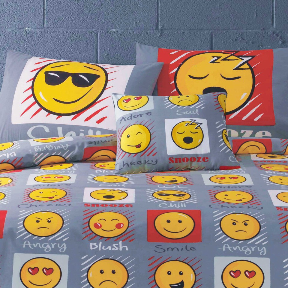 Emoticon Expressions Grey Smiley Duvet Bedding Set Single Double King ...