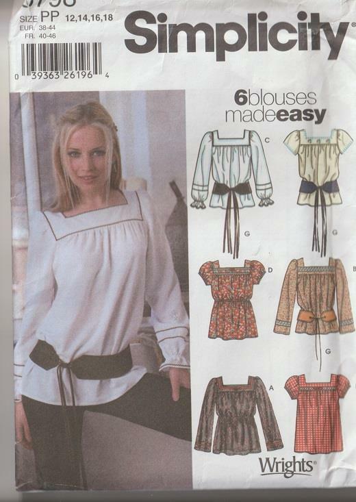 OOP Simplicity Peasant Tops Sewing Pattern Misses Size You Pick 9841 | eBay