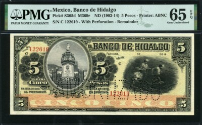 Mexico 1902-1914 Banco de Hidalgo 5Pesos, S305d, PMG 65 EPQ GEM UNC | eBay