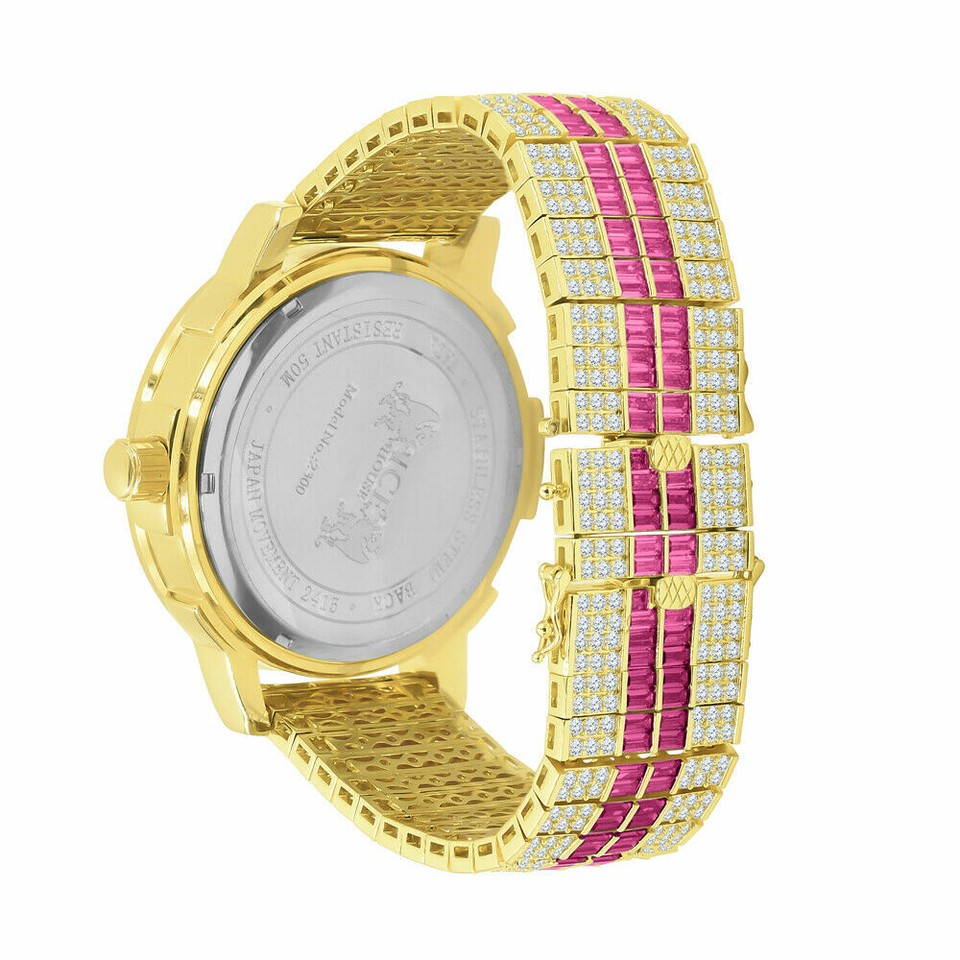 Stainless Steel Real Diamond Dial Ruby Red Gold Tone Finish Custom ...