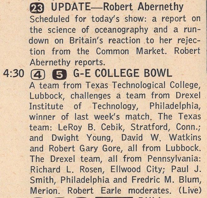 1963 TV LISTING~GE COLLEGE BOWL~LEROY CEBIK~RICHARD ROSEN~FREDRIC BLUM ...