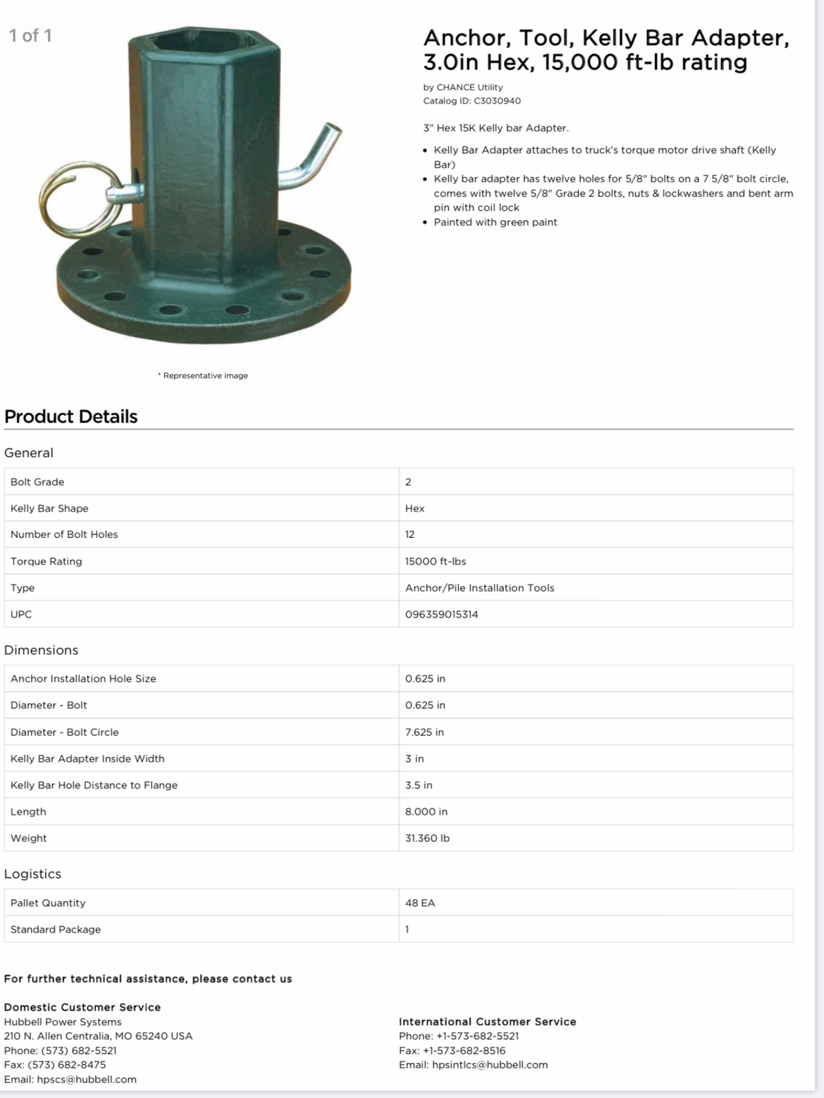 Hubbell Chance C3030940 3” Hex Kelly Bar Adapter NOS! C303-0940 | eBay