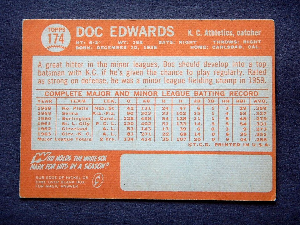 Doc Edwards #174 Topps 1964 Baseball Card (Kansas City Athletics) * | eBay