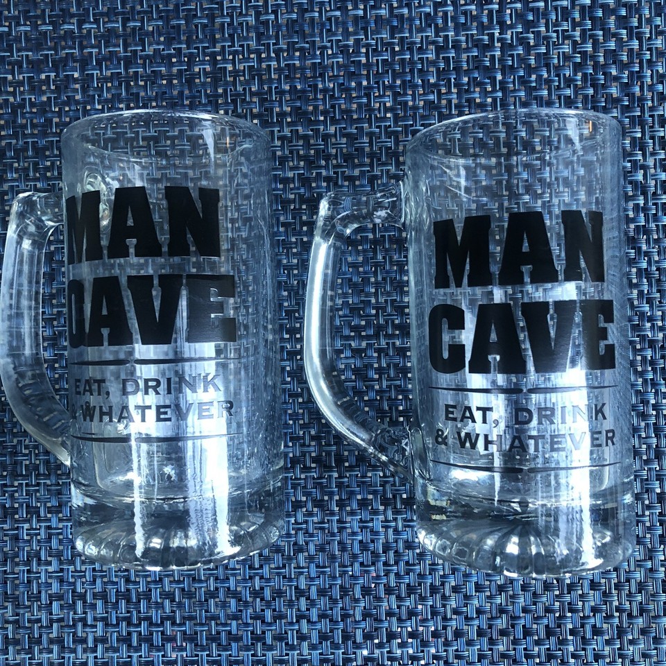 Man Cave Glass Beer Mugs-2 “ Man Cave Eat Drink Whatever” Printed On ...