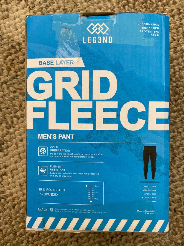 Men's Leg3nd Base Layer Grid Fleece Pant Black Size Large (36-38) | eBay