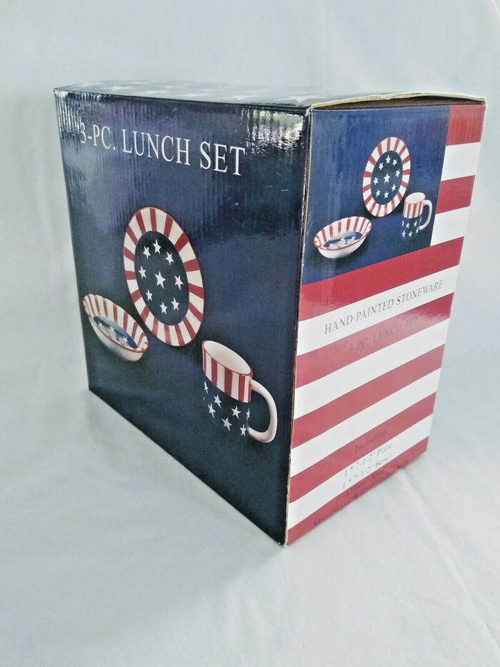 Stars & Stripes Lunch Set Plate Bowl Mug Stoneware Hand Painted NEW ...