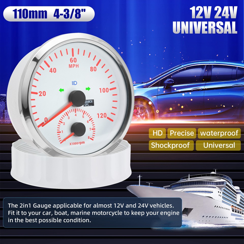2 Gauge SET 110mm GPS Speedometer 0-120MPH Tachometer & 4IN 1 Oil/Temp ...