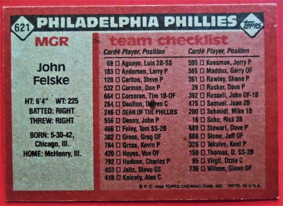 1986 TOPPS - JOHN FELSKE - NEAR MINT - #621 - PHILADELPHIA PHILLIES | eBay