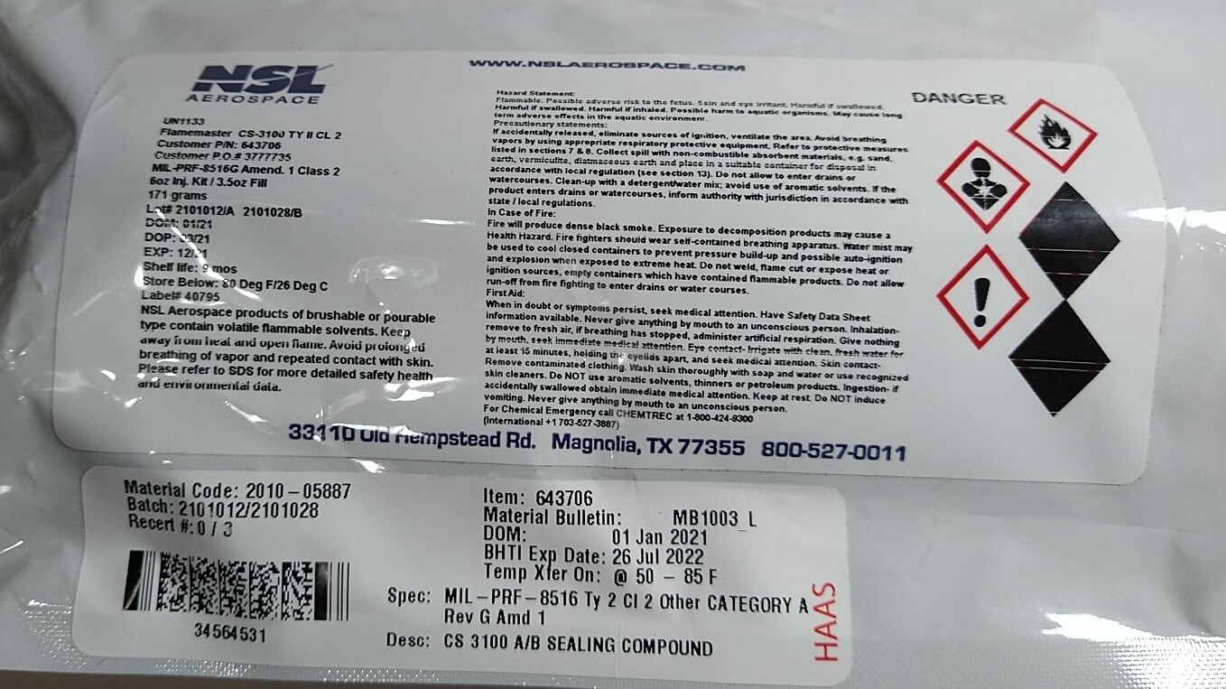 NSL Aerospace CS 3100 Potting Sealing Compound MIL-PRF-8516 Ty 2 Cl 2 ...