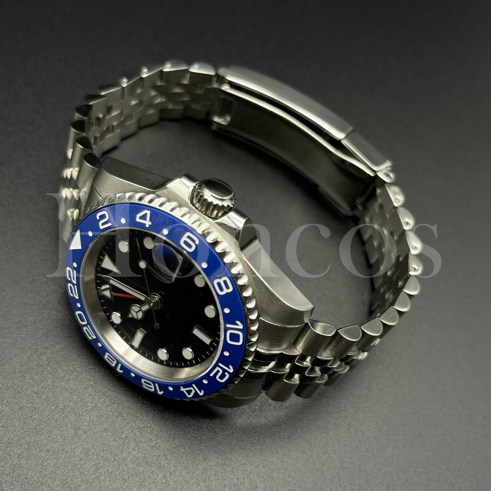 Custom Made GMT Style Watch Automatic Movement Blue White Bezel Silver ...