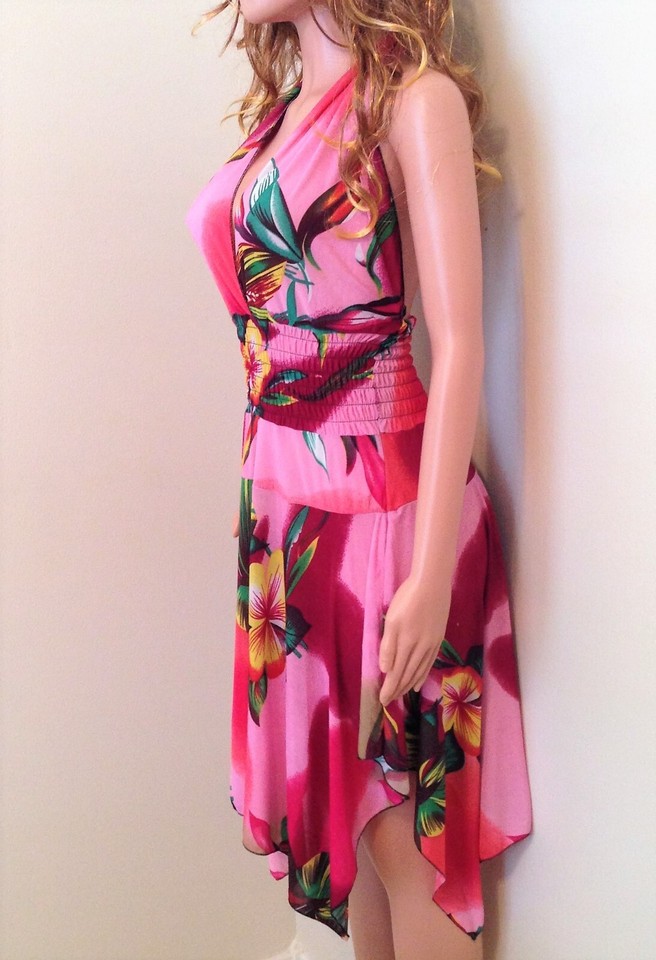 Tropical Print Halter Sundress-Spring Summer Fashion-Handkerchief Hem ...