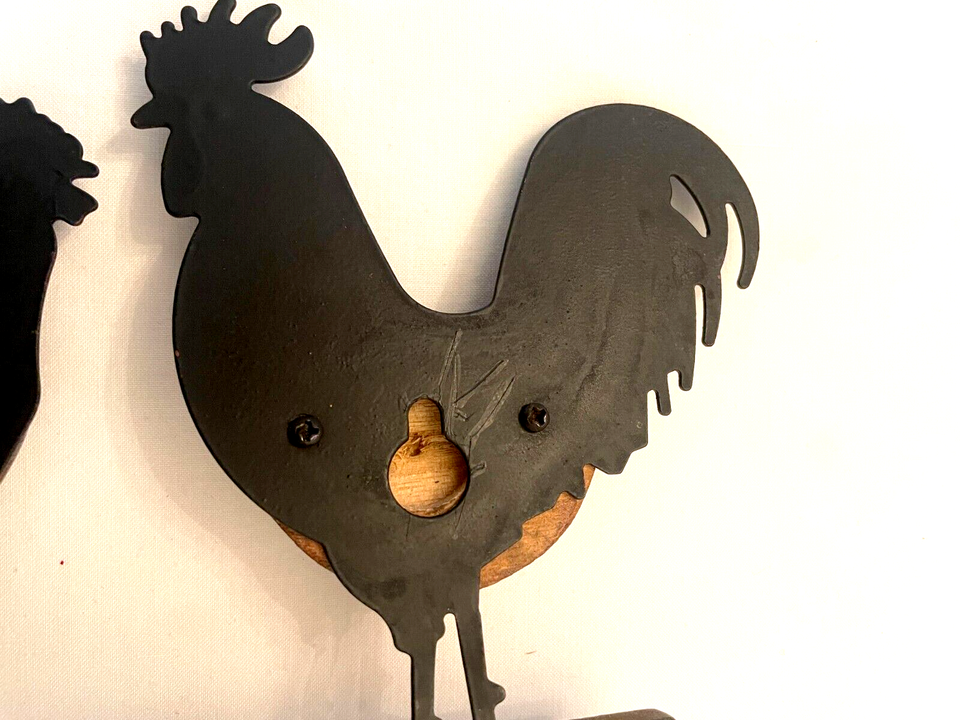 Wood & Iron Chicken Hen Rooster Kitchen Wall Hanger Hook Towel Holder 3 ...