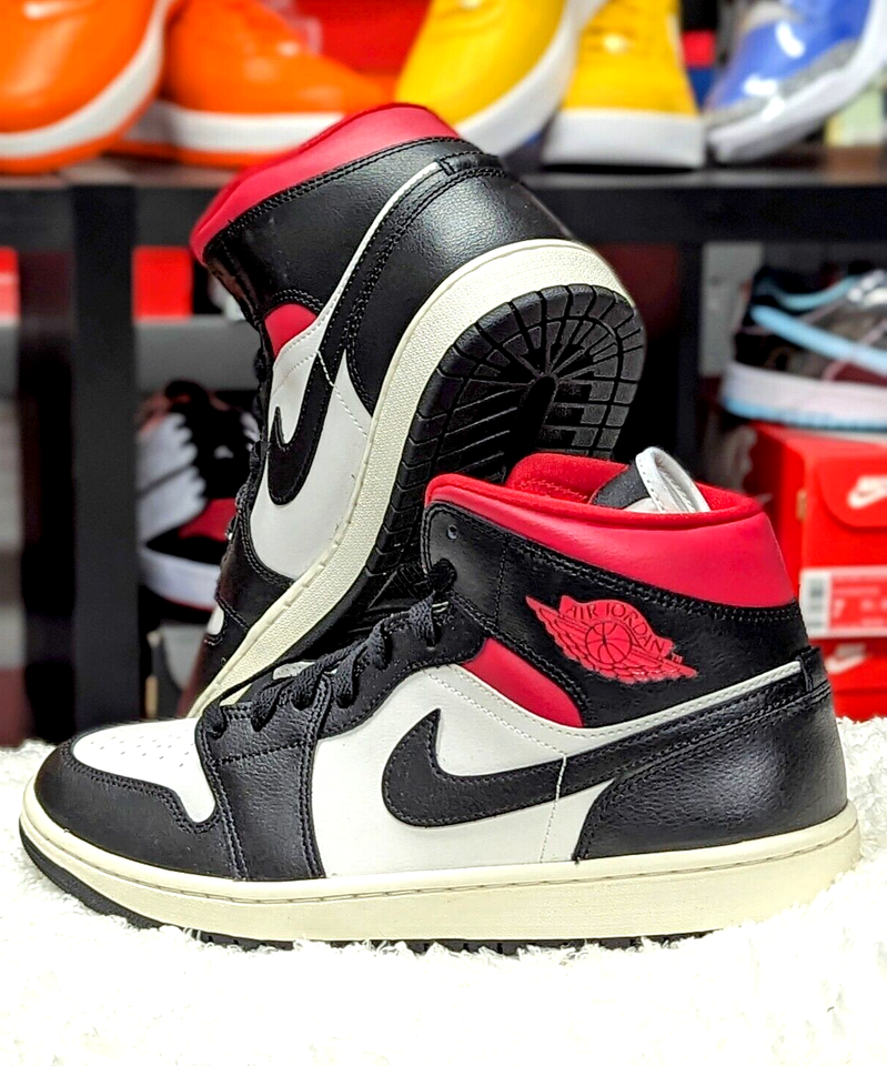 Nike Air Jordan 1 Mid White Black Red Panda Shoes BQ6472-061 Women's ...