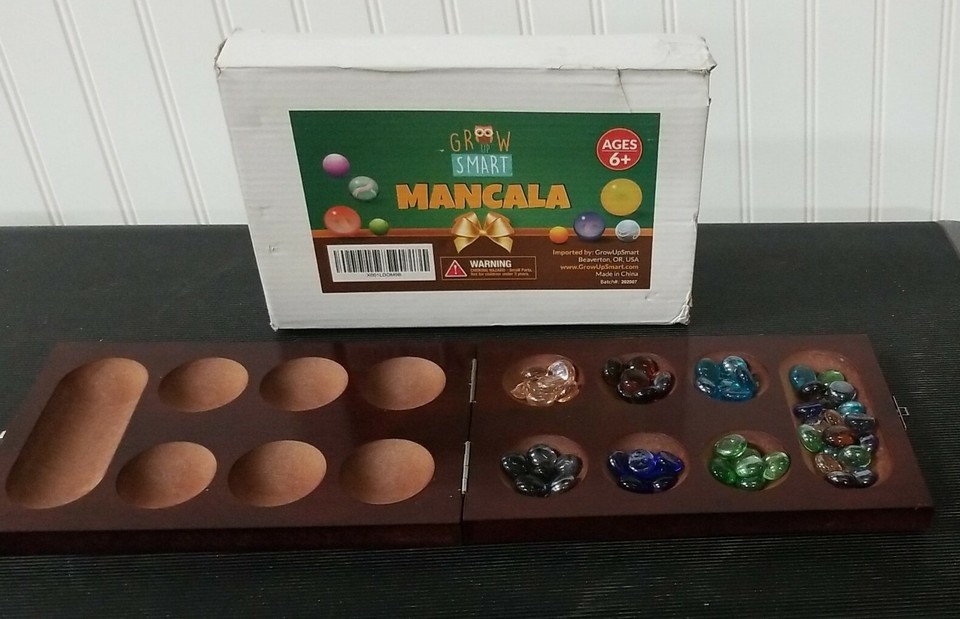 Mancala Board Game Set by GrowUpSmart with Dark Folding Wooden Board ...