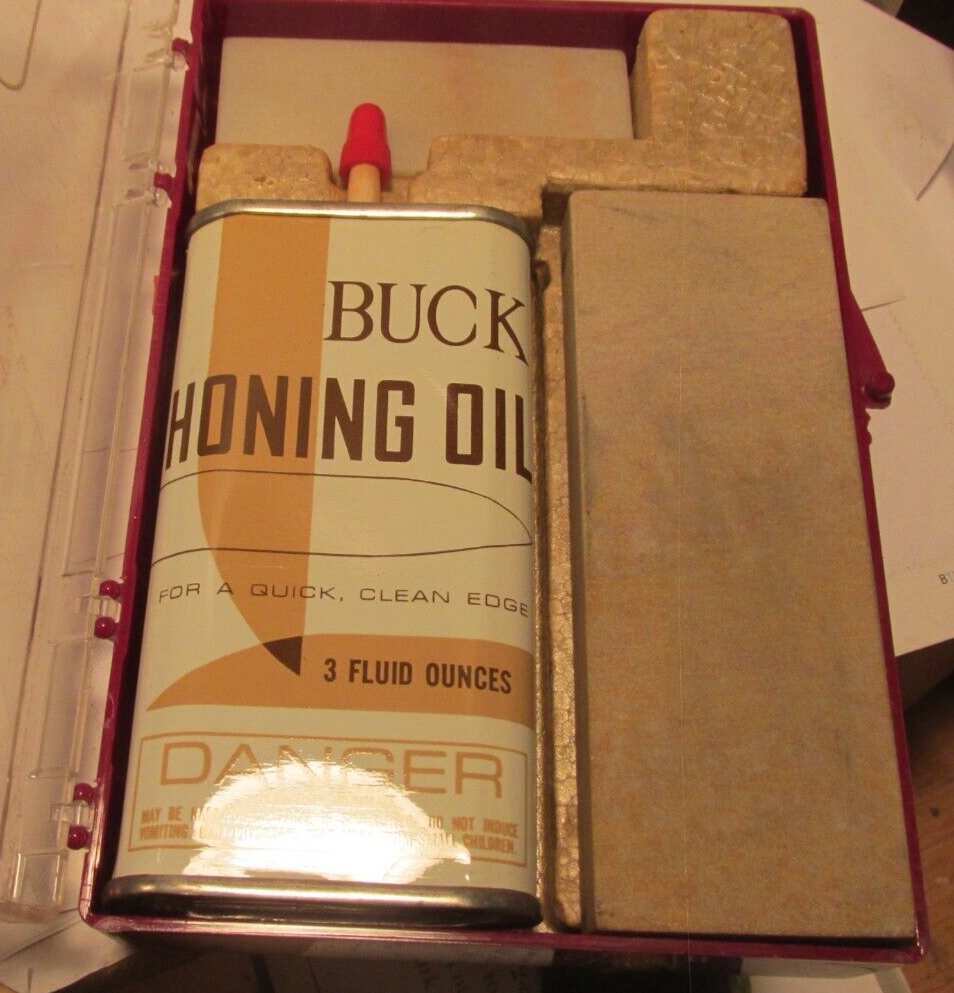 vintage Buck Honing oil set with oil tin and honing Stone Buck Knive El ...