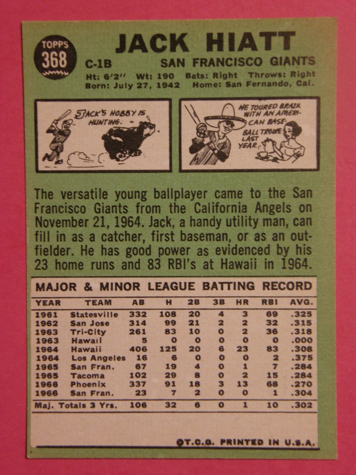 ICONIC 1967 TOPPS #368 JACK HIATT SAN FRANCISCO GIANTS BASEBALL CARD ...
