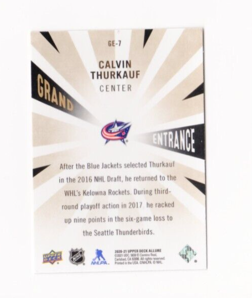 2020-21 Upper Deck Allure Calvin Thurkauf #GE-7 Grand Entrance Columbus ...