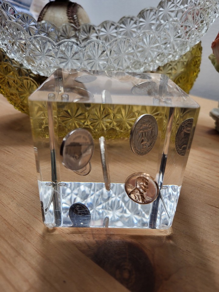 Pre-1964 US coin lucite 2 in.² paperweight See Description For Details ...