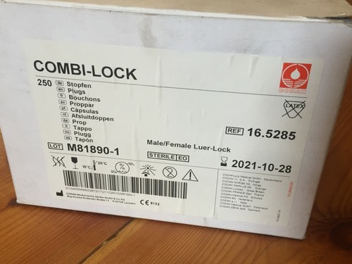 250 X CODAN 16.5285 COMBI-LOCK MALE / FEMALE LUER LOCK RED PLUG BOX OF ...