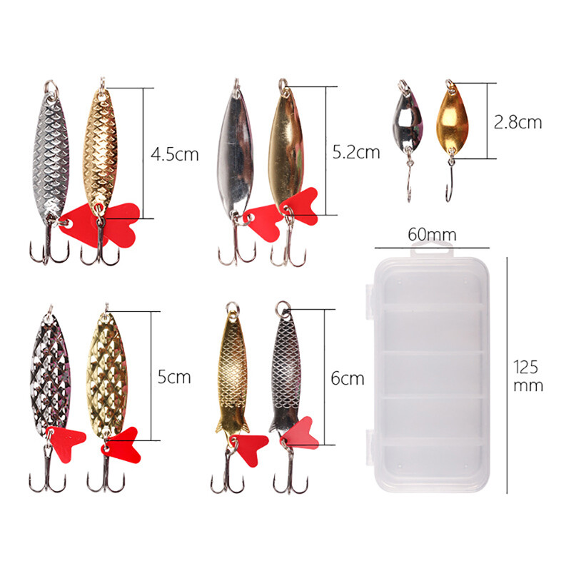 10Pcs Fishing Metal Spoon Lure Kit Set Gold Silver Baits Sequins ...