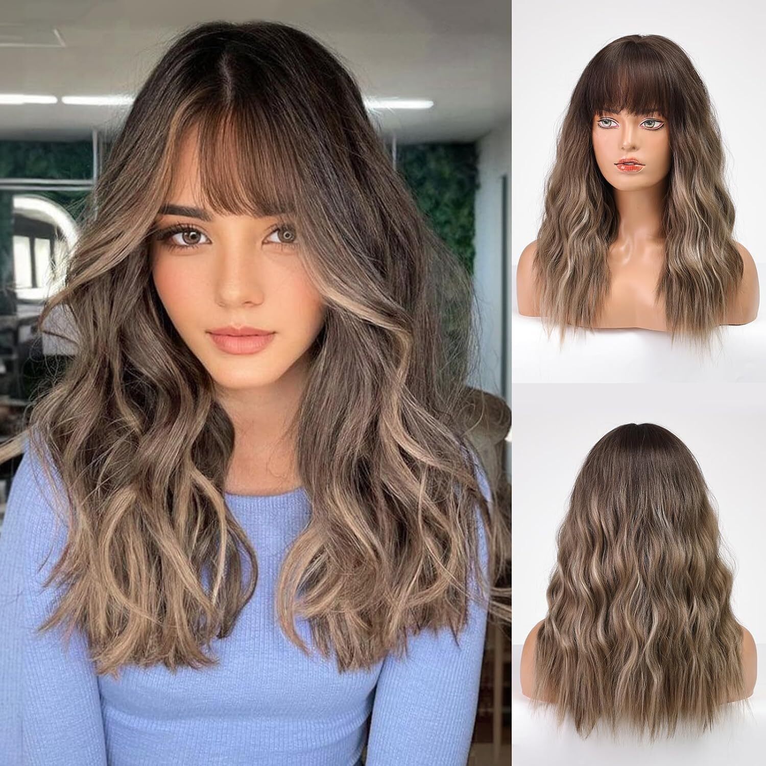 Ombre Brown Curly Wigs With Bangs, Ash Brown Highlight Curly Wigs for ...