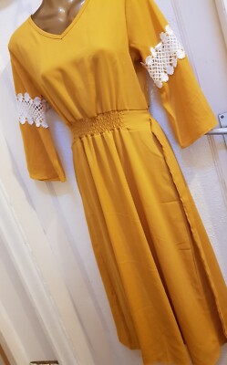 Long Mustard Dress With Lace Floral Insert Detail | eBay UK