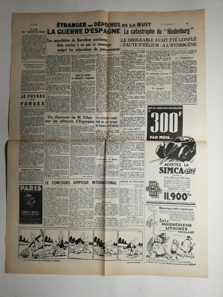 N351 La A of / The Journal 7 May 1937 Zeppelin One Hindenburg Explode ...