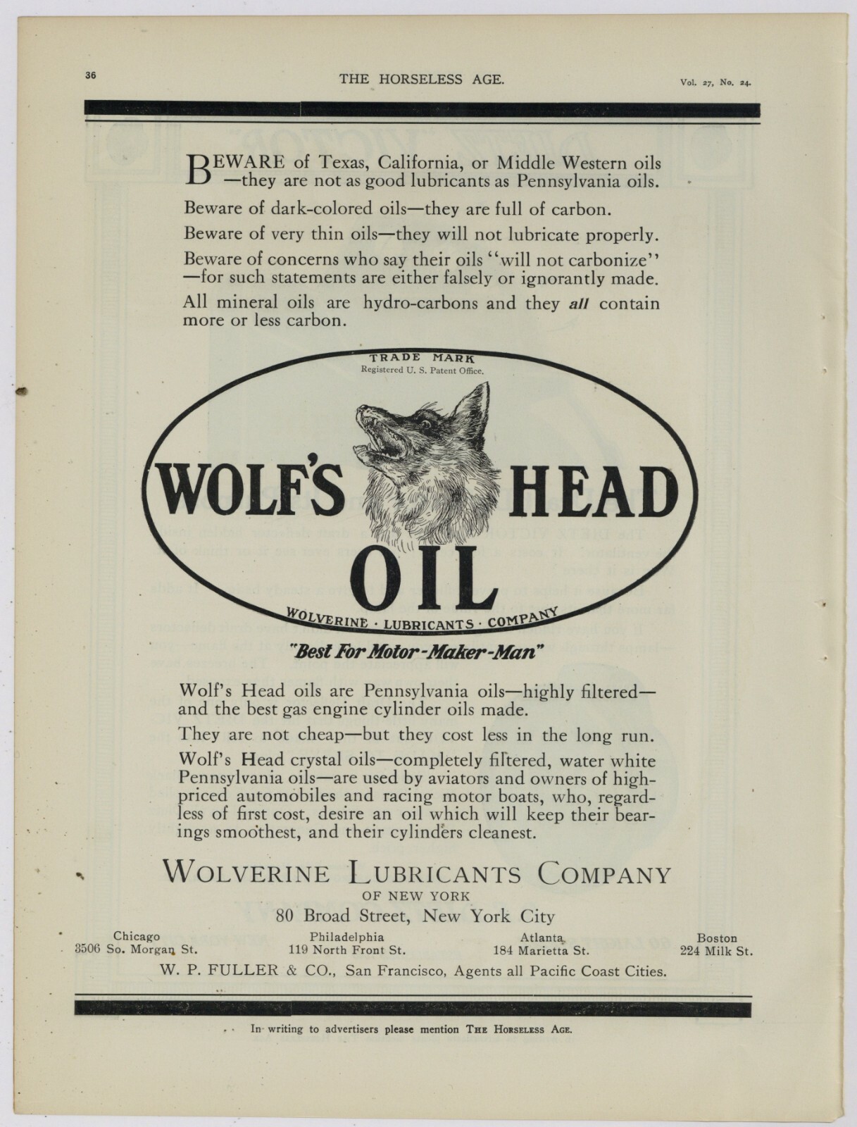 1911 Wolf's Head Oil Ad: Wolverine Lubricants Co. Best for Motor ...