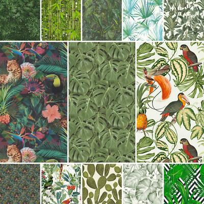 Green Leaf Birds Tropical Wallpaper Vinyl Jungle Animal Print Floral ...