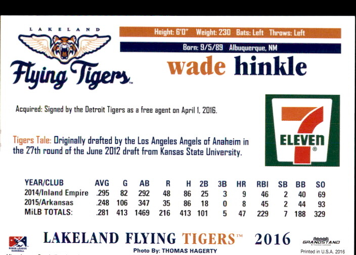 2016 Lakeland Flying Tigers Grandstand #10 Wade Hinkle Albuquerque New ...