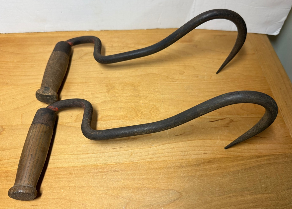 2 Vintage Hand Forged Iron Hay Bale Hooks Wooden Handles Primitive Farm ...