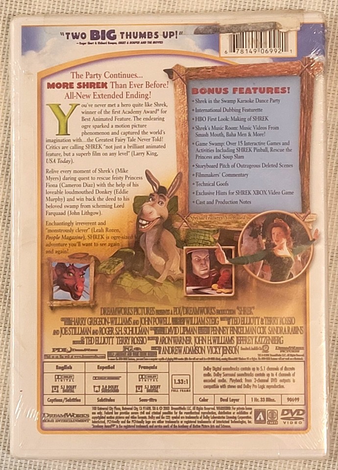 Shrek Academy Award Winner Best Animated Feature 2001 DVD Movie Sealed ...