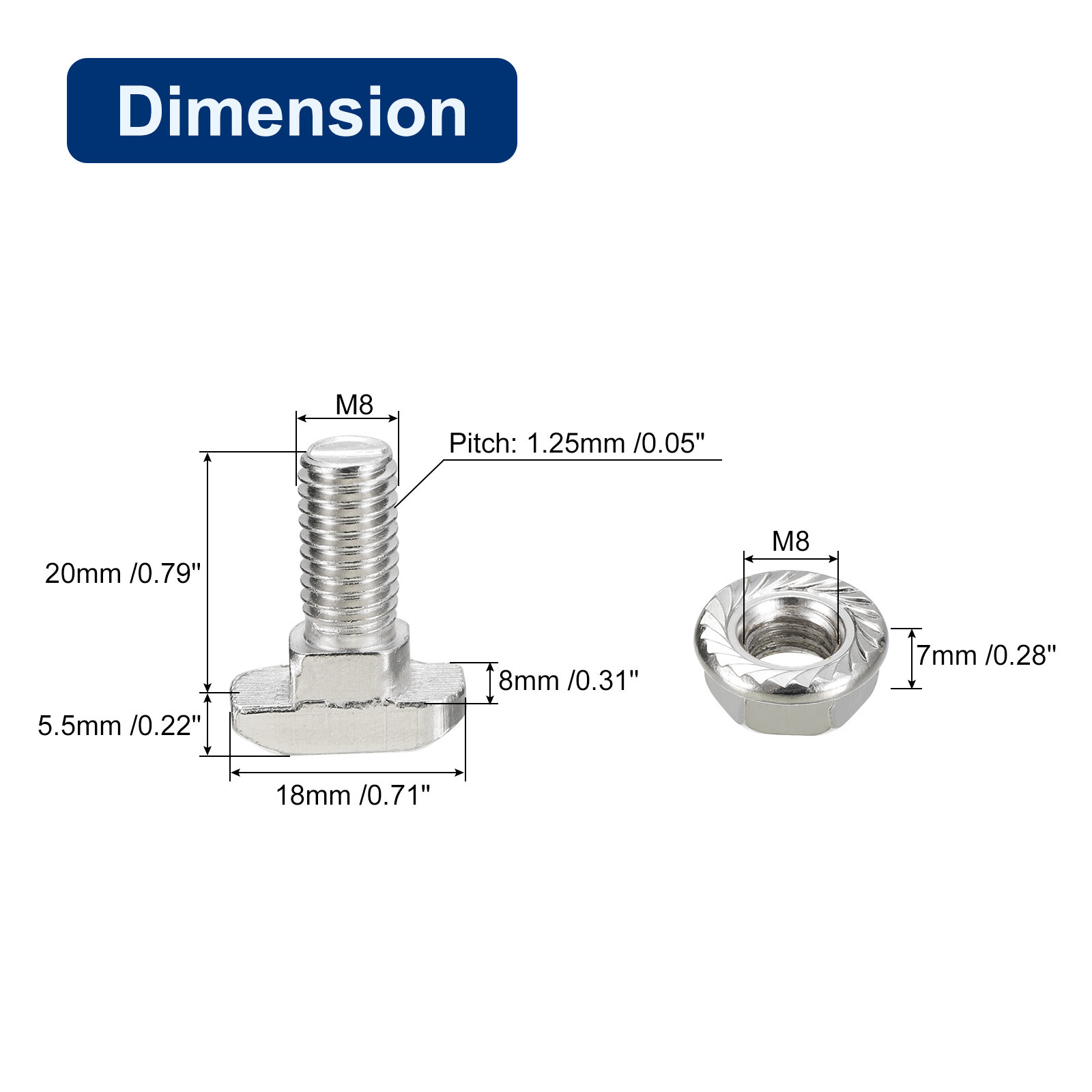M8x20mm T Slot Drop-in Bolt and M8 Hexagon Flange Nut Set, 10 Sets for ...