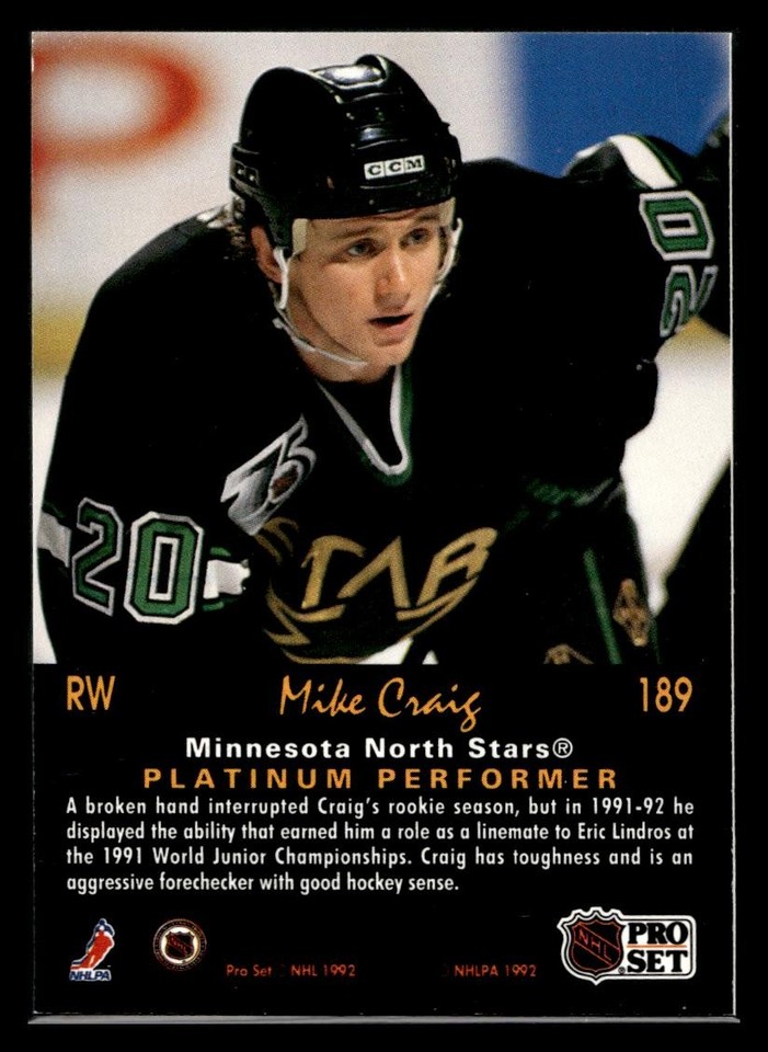 1991-92 Pro Set Platinum Hockey #189 Mike Craig Minnesota North Stars ...