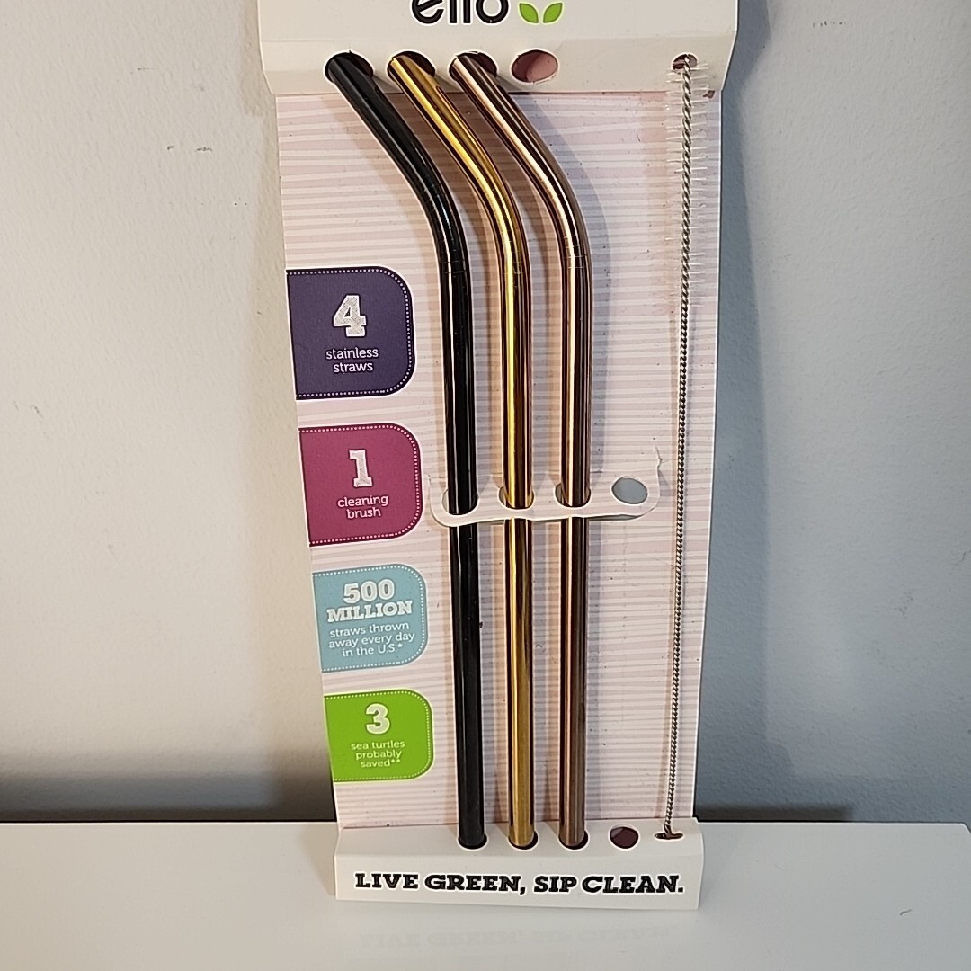 NEW Ello 4 Pack Stainless Reusable Straws 1 Cleaning Brush BPA Free ...