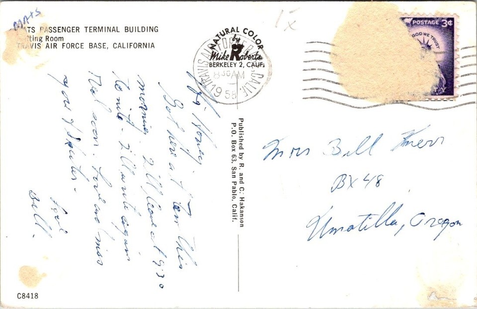 TRAVIS AIR FORCE BASE USAFB MATS Passenger Terminal 1958 CA postcard | eBay