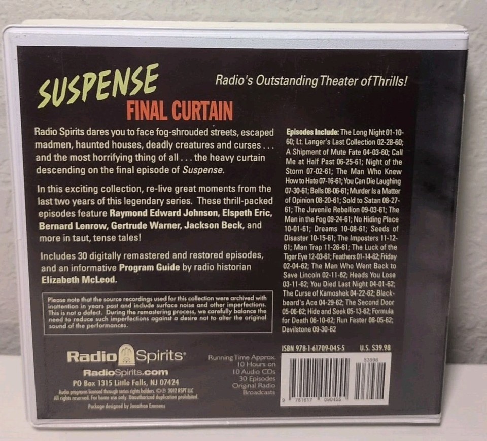 Suspense: Final Curtain by Original Radio Broadcasts Audio CD B347 | eBay
