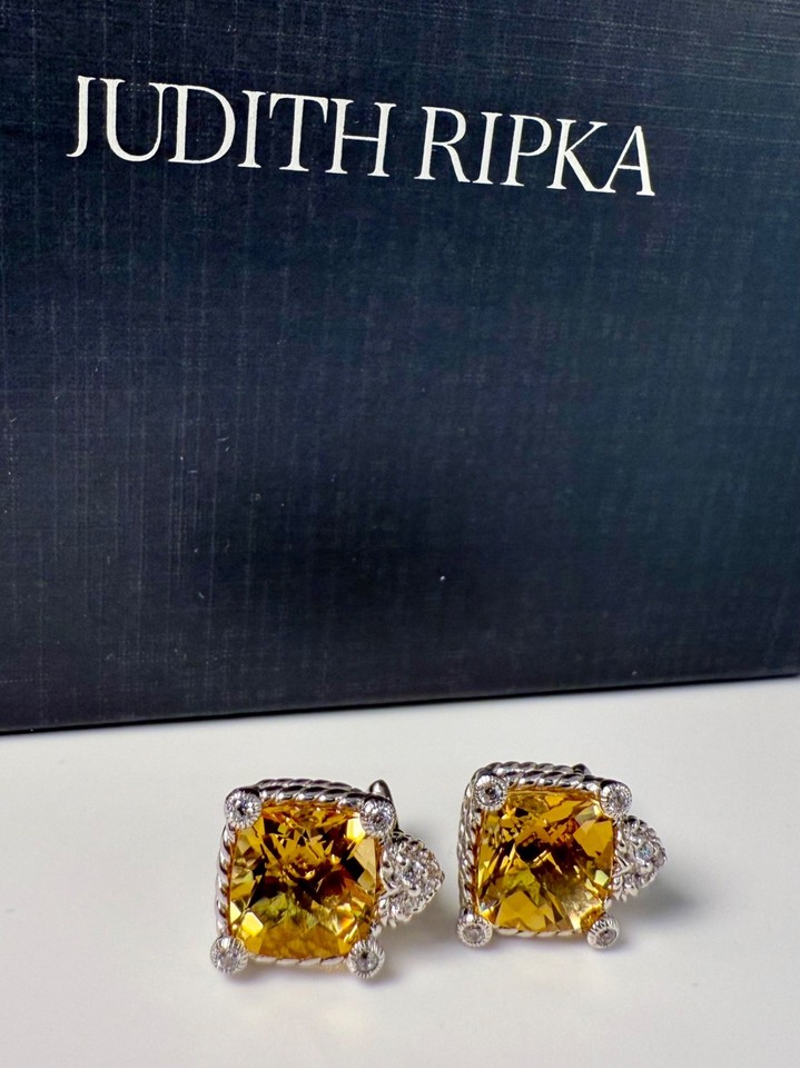 JUDITH RIPKA pierced earrings Sterling w/Square Yellow Stones (Citrine ...