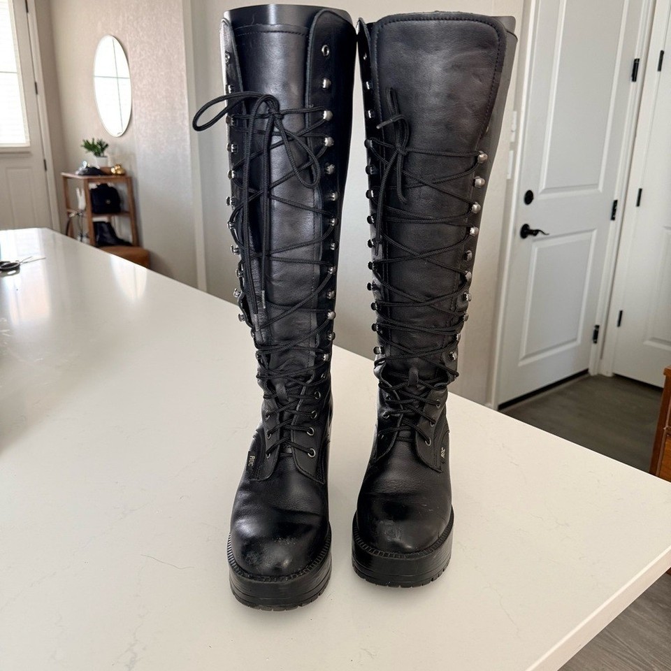 ROC Lash Platform Knee High Boots Black Leather Lace Up Chunky Heel ...