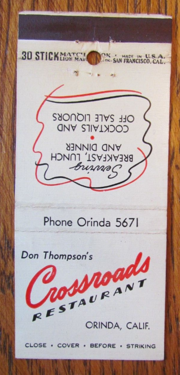 CROSSROADS MATCHBOOK COVER: ORINDA, CALIFORNIA 30 STICK BY LION ...